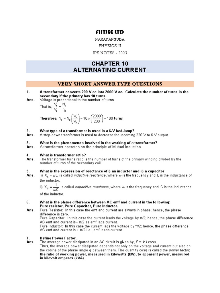 SR Inter Ipe Question Bank Chapter-X (Alternating Current) | PDF | Inductor | Transformer