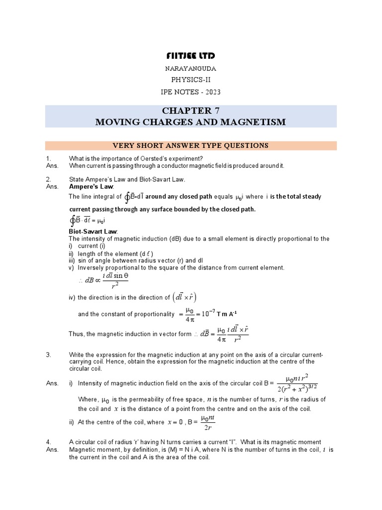 SR Inter Ipe Question Bank Chapter-Vii (Moving Charges and Magnetism) | PDF | Magnetic Field ...