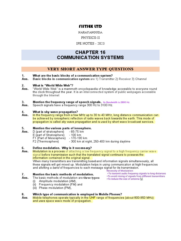 SR Inter IPE Question Bank Chapter-XVI (COMMUNICATION SYSTEMS) | PDF