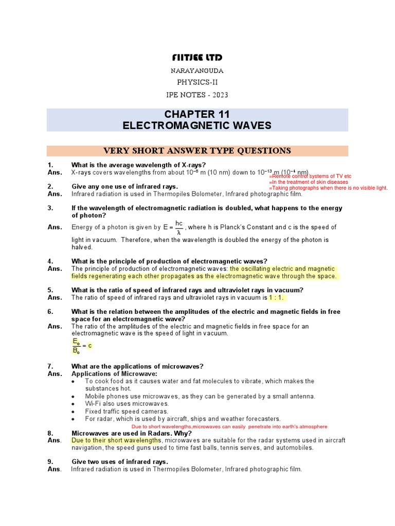 SR Inter Ipe Question Bank Chapter-Xi (Electromagnetic Waves) | PDF | Electromagnetic Radiation ...