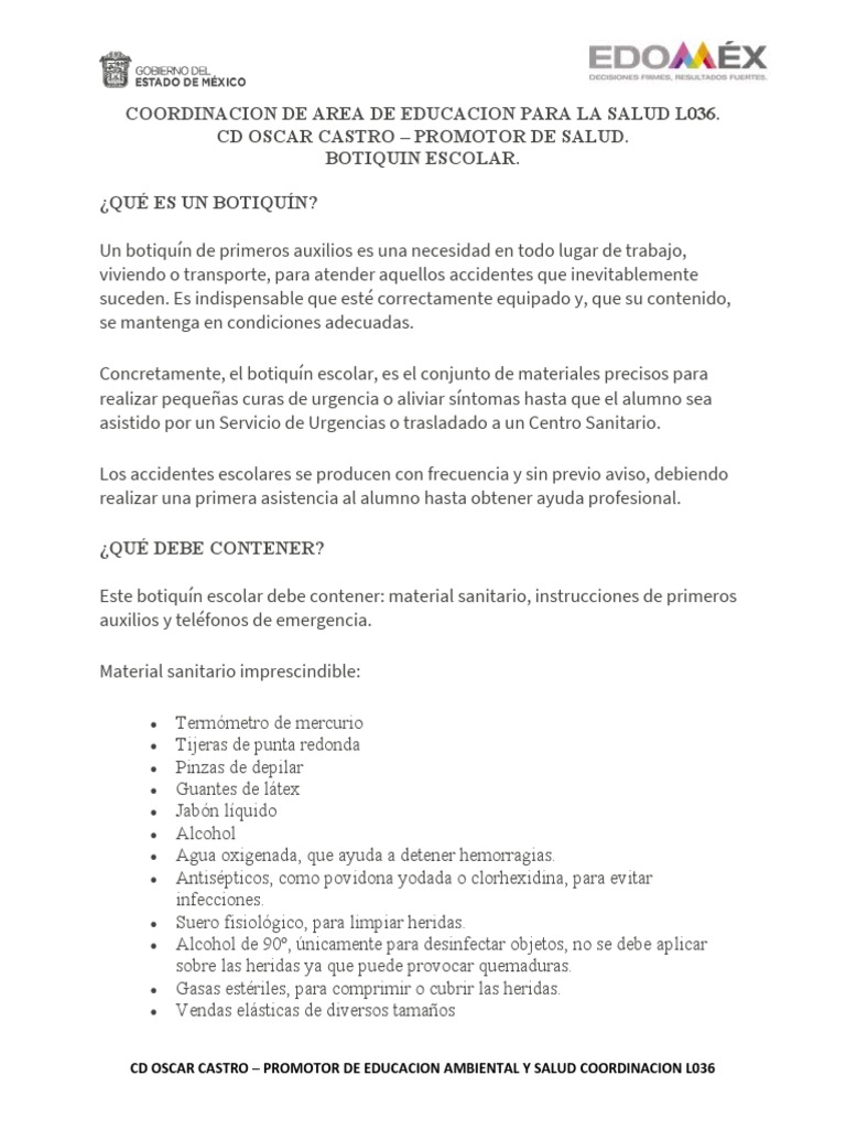 Botiquin Escolar | PDF | Primeros auxilios | Medicina
