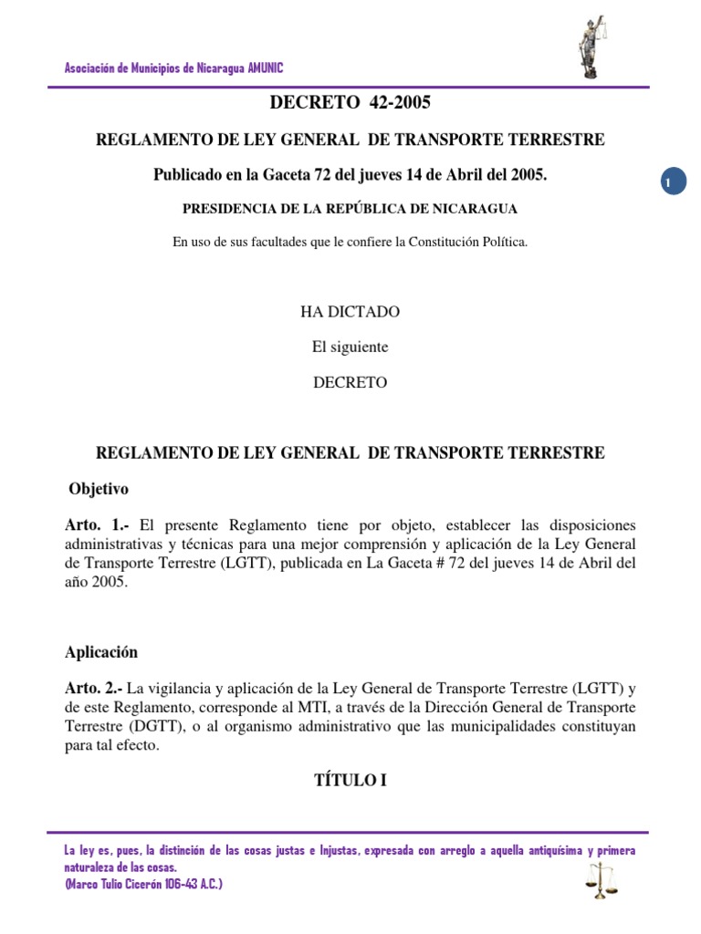 Decreto 42 2005 Reglamento de Ley 524 General de Transporte Terrestre | PDF | Transporte | Autobús