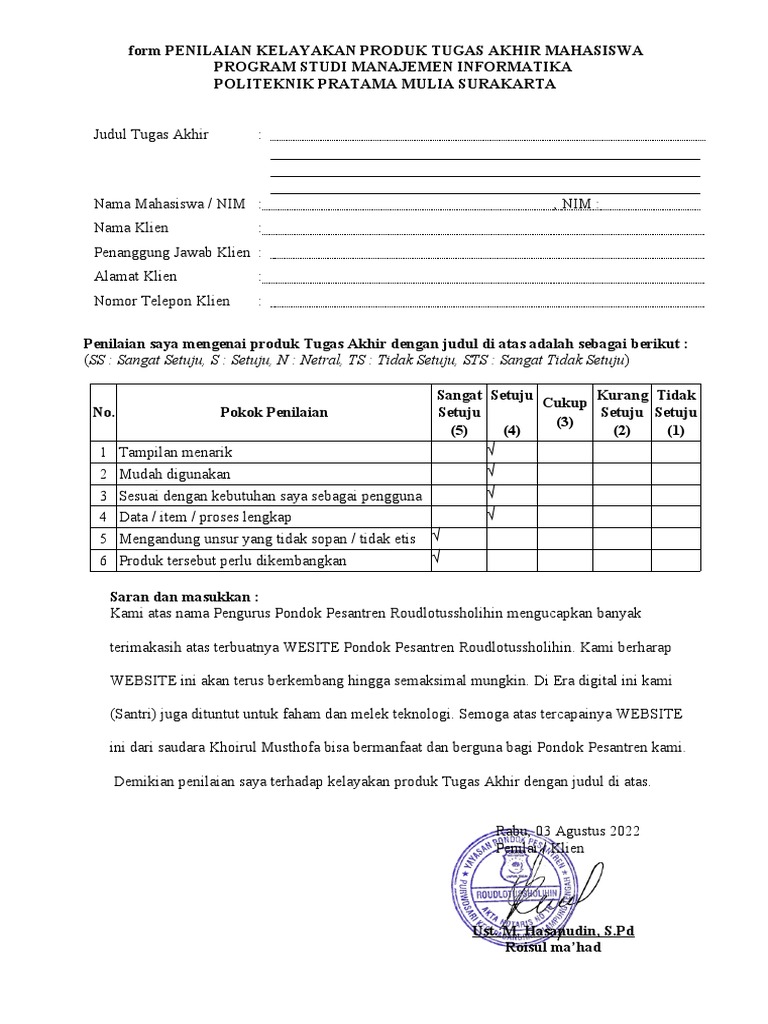 Form Penilaian Kelayakan Produk Ta | PDF