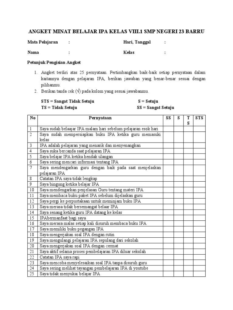 Angket Minat Belajar Ipa Kelas Viii | PDF | Seni & Disiplin Bahasa