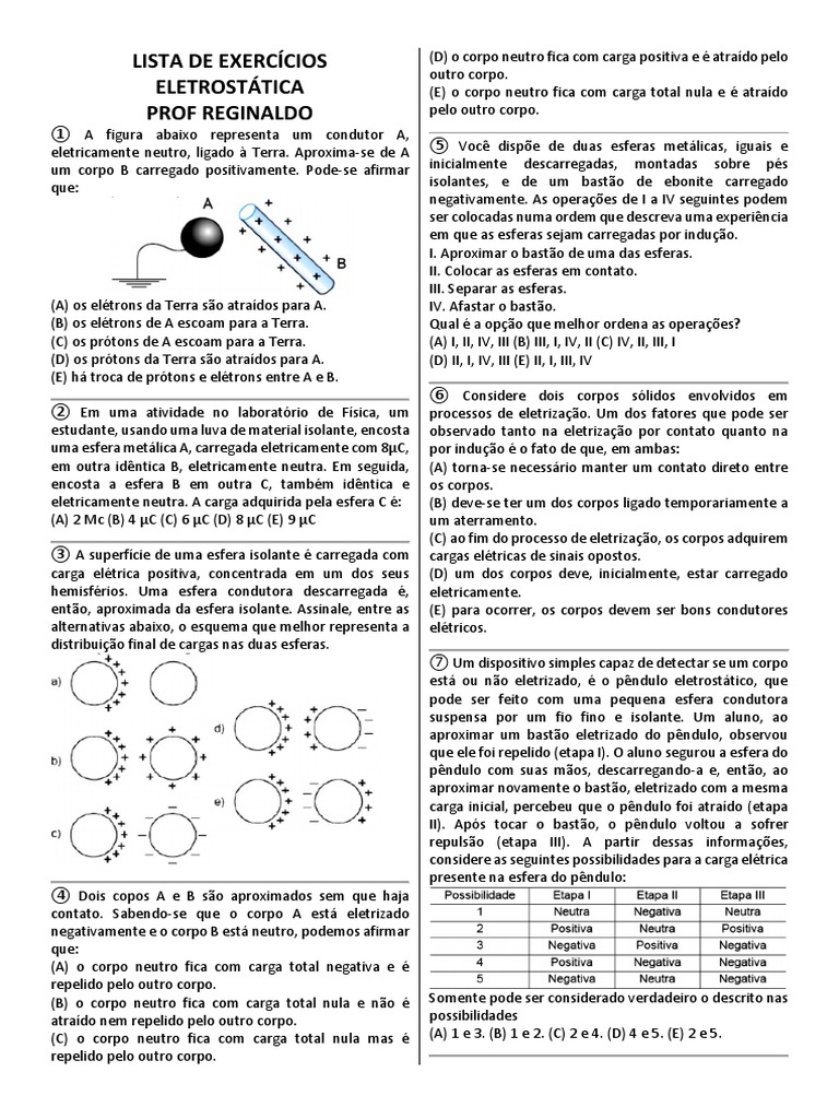 LISTA DE EXERCÍCIOS - ELETROSTÁTICA | PDF | Carga elétrica | Eletricidade