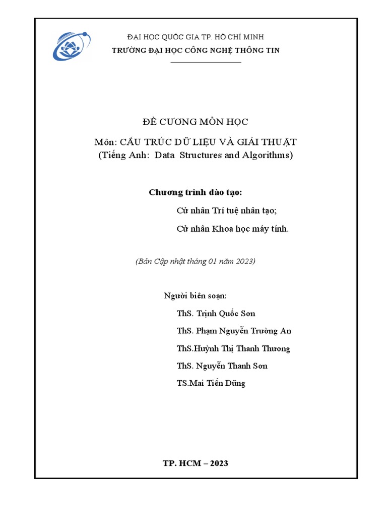 Đề Cương Môn Học Môn Cấu Trúc Dữ Liệu Và Giải Thuật Tiếng Anh Data Structures And Algorithms