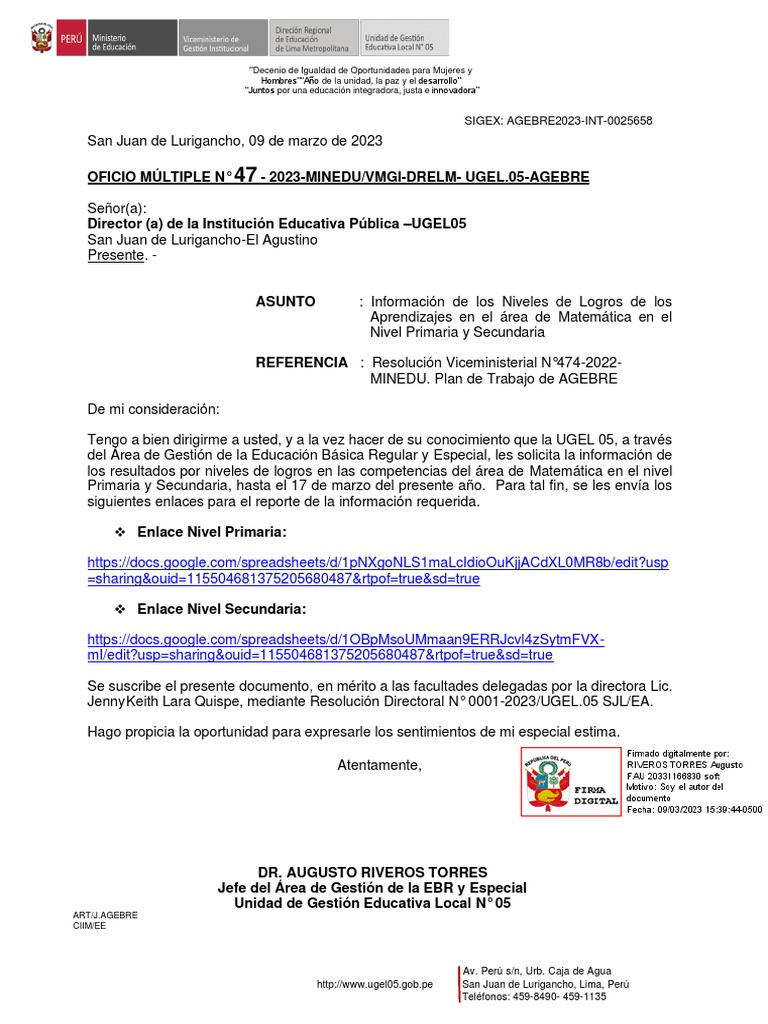 Oficio Múltiple #47-2023-AGEBRE, Información de Los Niveles de Logro de ...