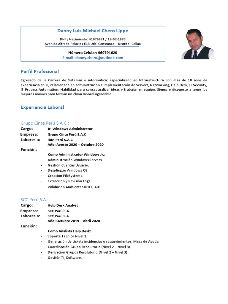 CV Danny Luis Michael Chero Lippe | PDF | Mesa de ayuda | Microsoft Windows