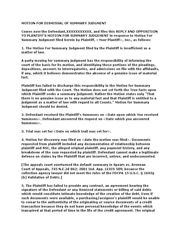 Sample Motion for Dismissal of Summary Judgment | Summary Judgment ...