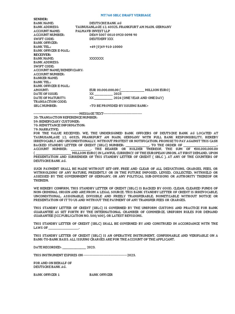 MT760 SBLC Draft | PDF | Letter Of Credit | Banks