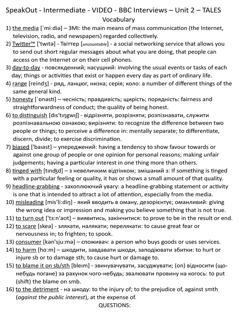 BBC Interviews - Unit 2 - TALES - VOCABULARY | PDF | Mass Media ...
