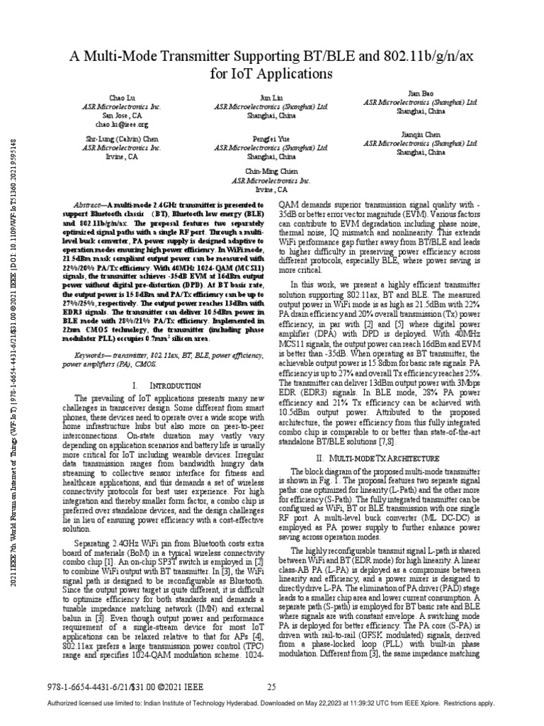 A Multi-Mode Transmitter Supporting BT BLE and 802.11b G N Ax For IoT Applications | PDF | Wi Fi ...