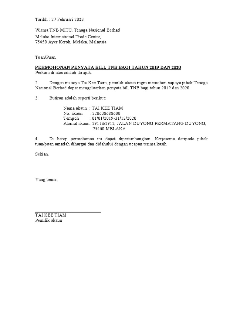 Surat Permohonan Statment Tnb Samb Pdf
