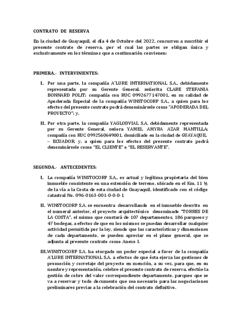 Contrato de Reserva YAGLODVIAL S A Dpto 106 Torre B | PDF | Arbitraje ...