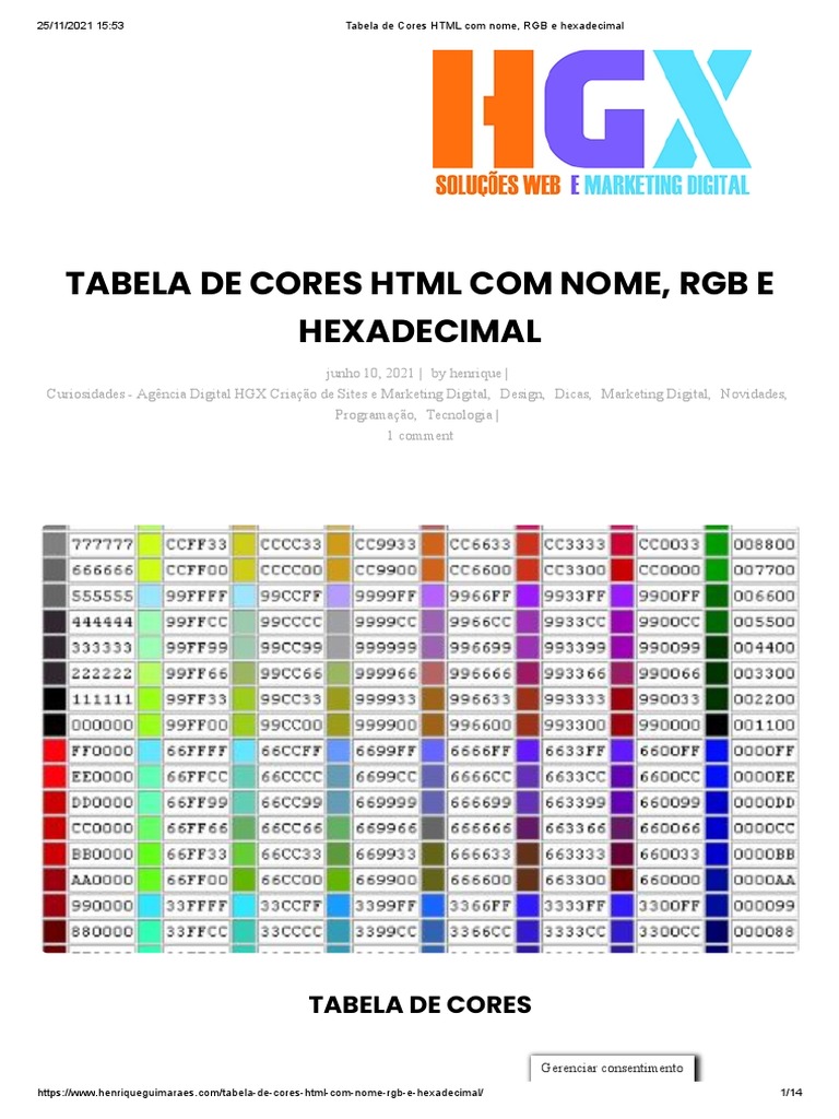 Tabela de Cores HTML Com Nome RGB e Hexadecimal | PDF | Cor | Html