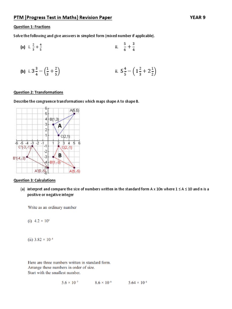 Year 9 PTM Maths Revision Paper | PDF