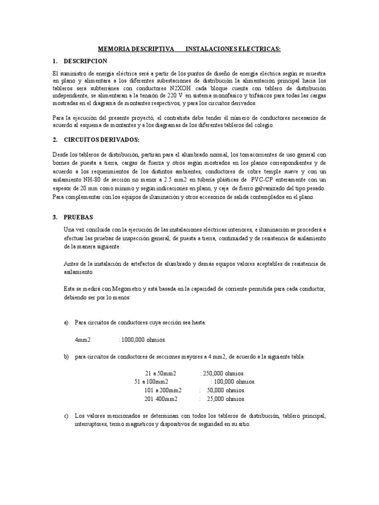 Memoria Descriptiva Instalaciones Electricas | PDF | Corriente eléctrica | Cableado eléctrico