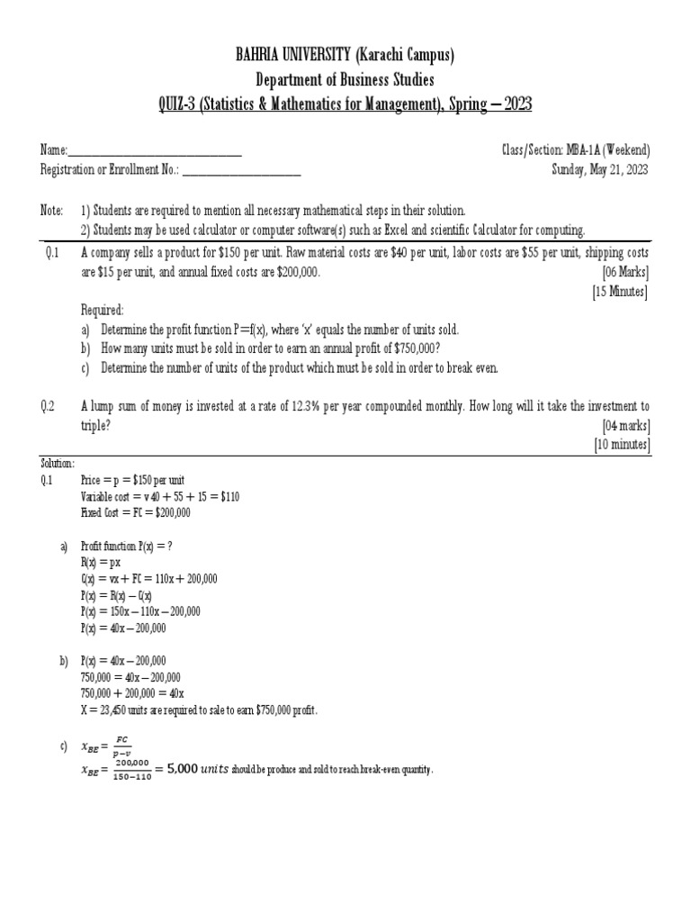 Solution Key Of Quiz 3 Statistics Mathematics For Management Spring 2023 Mba 1a 22052023