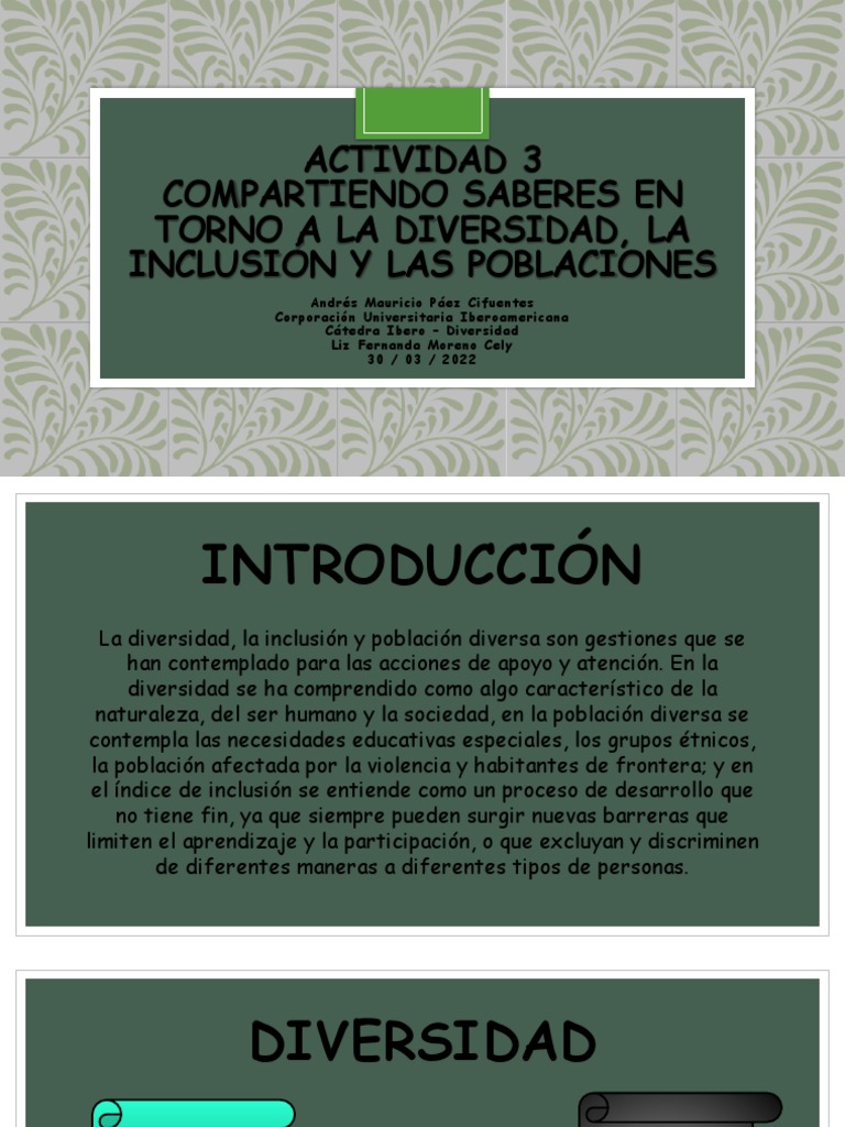 Actividad 3 - Compartiendo Saberes en Torno A La Diversidad, La Inclusión y Las Poblaciones ...