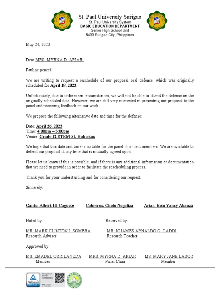 Request to Reschedule Thesis Defense | PDF