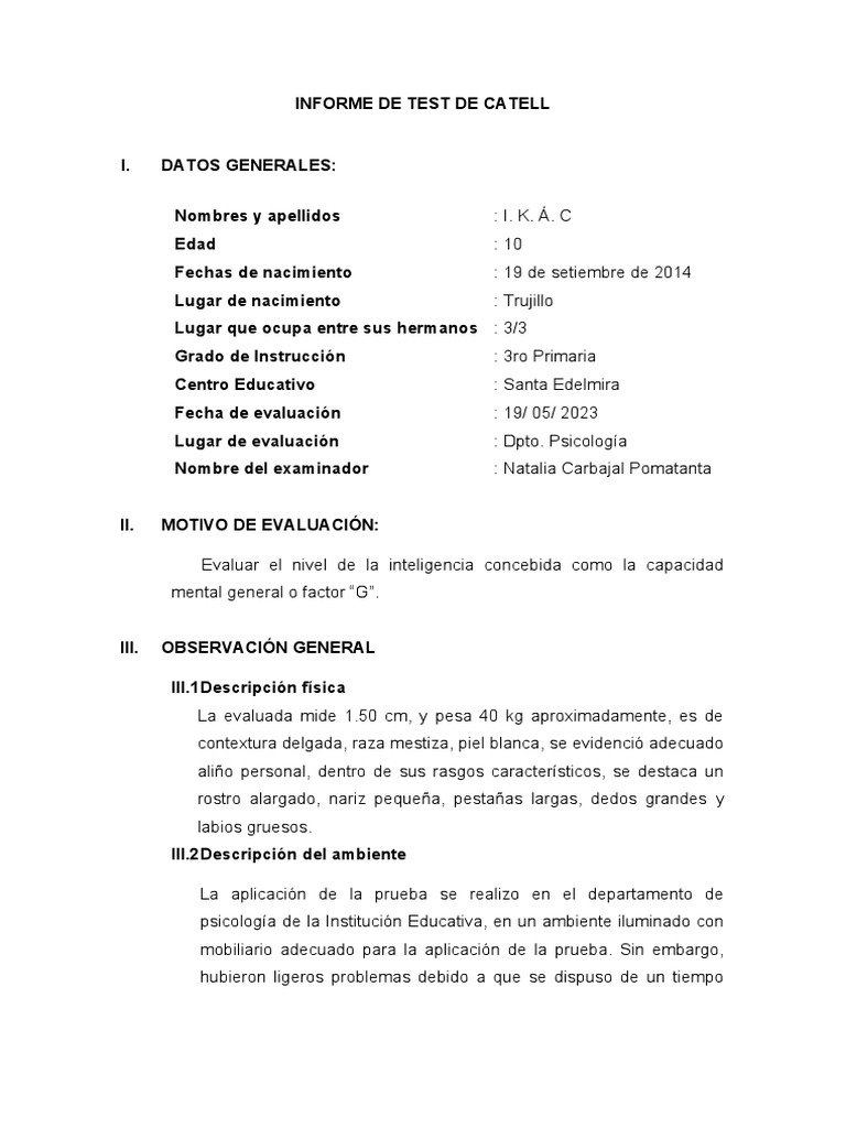 Informe de Test de Catell | PDF | Inteligencia | Psicología cognitiva Informe de Test de Catell | PDF | Inteligencia | Psicología cognitiva