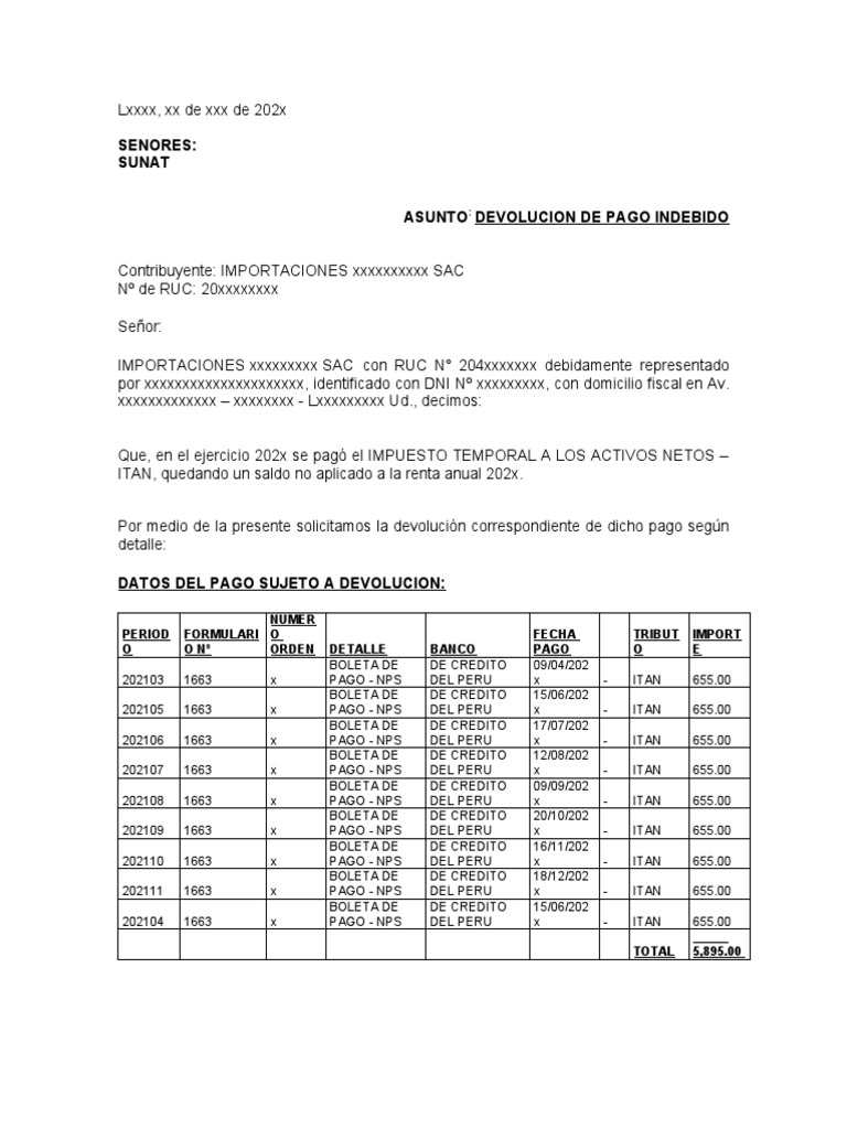 Itan 202x Escrito Devolucion Modelo | PDF | Pagos | Impuestos