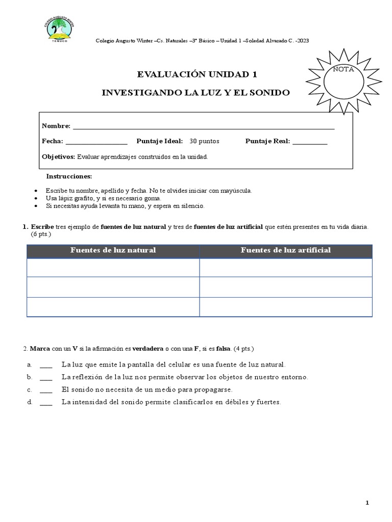 Prueba U1 Cs. Naturales | PDF | Sonido