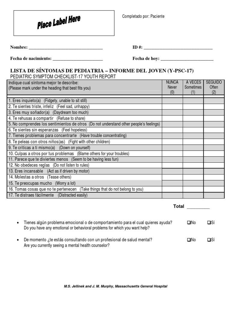 Informe de Síntomas Pediátricos Y-PSC-17 | PDF | Relaciones personales ...