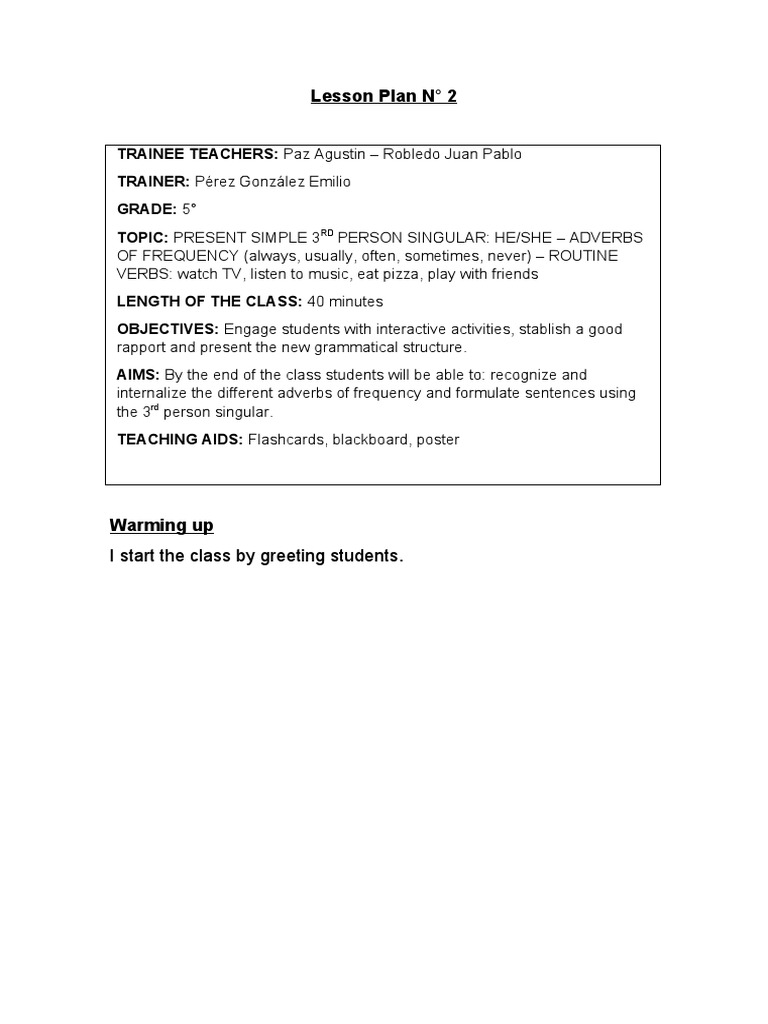 Lesson Plan 2 - Present Simple -Adverbs of Frequency | PDF