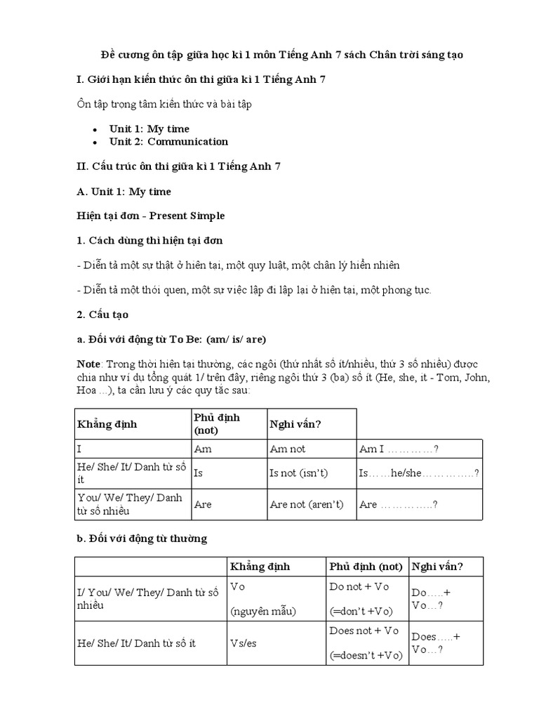 De Cuong On Tap Giua Hoc Ki 1 Mon Tieng Anh 7 Sach Chan Troi Sang Tao | PDF