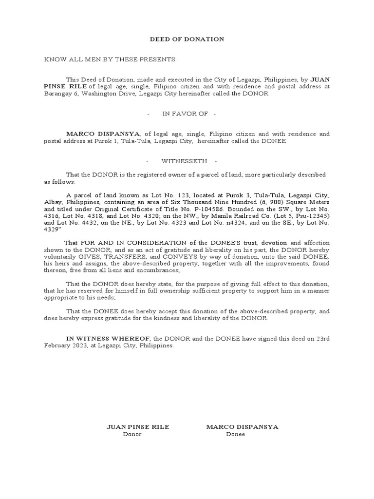 Deed of Donation | PDF | Civil Law (Common Law) | Property Law