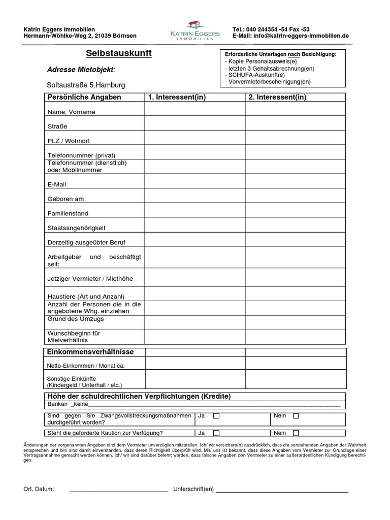 Selbstauskunft Miete | PDF