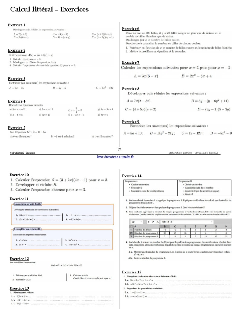 Exercices corrigés de calcul littéral | PDF | Échecs