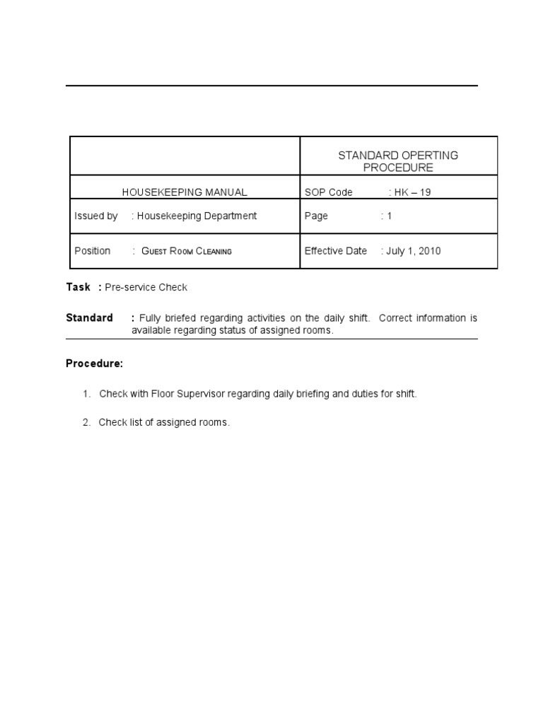 Standard Operating Procedures for Guest Room Cleaning | PDF ...