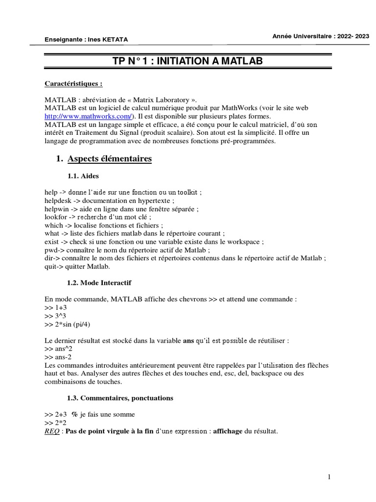 Tp N 1 Initiation A Matlab Pdf Matlab Matrice Mathématiques