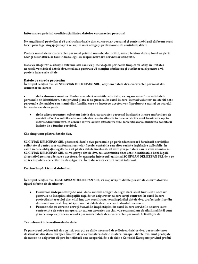 Informare GDPR Anexa La Fisa de Cazare | PDF