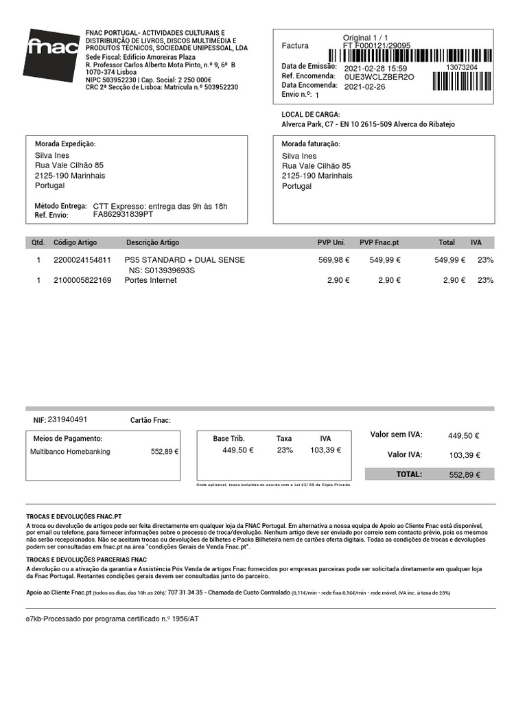 Factura PlayStation 5 | PDF | Imposto sobre Valor Agregado (IVA) | Business