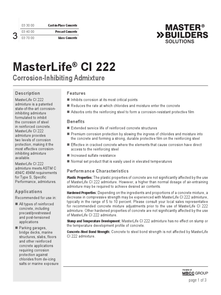 Masterlife Ci 222 Tds | Download Free PDF | Concrete | Reinforced Concrete