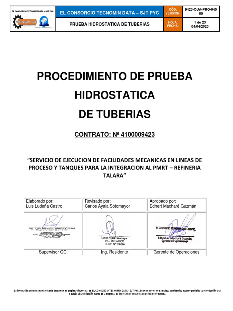 9423-Qua-Pro-040-Procedimiento Prueba Hidrostatica de Tuberias | PDF | Presión | Física Aplicada ...