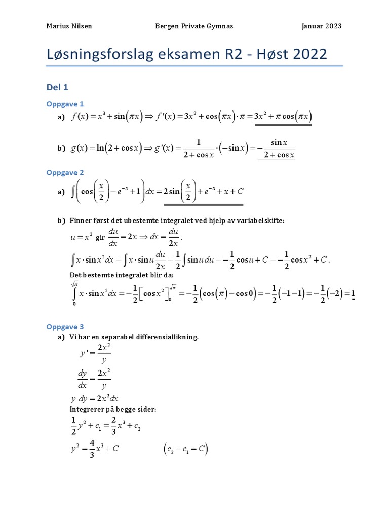 Løsningsforslag Eksamen R2 Høsten 2022 | PDF