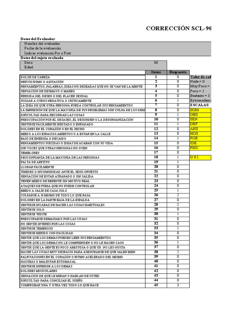 SCL 90 Test Plantilla Correccion | PDF | Psicología anormal | Síntomas ...
