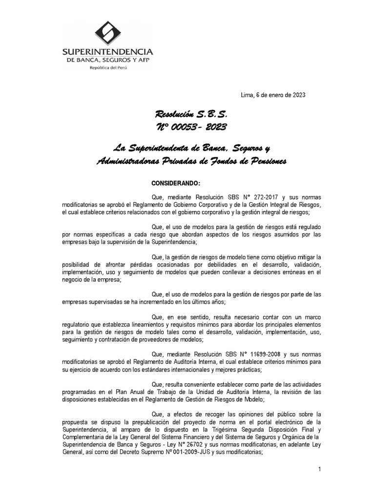 Resolución S.B.S. #00053-2023 La Superintendenta de Banca, Seguros y Administradoras Privadas de ...