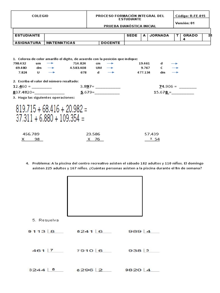 Prueba Diagnostica Matematicas 4 2021 | PDF