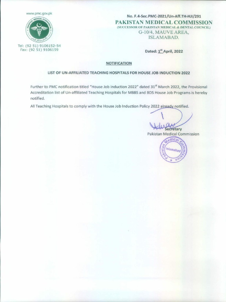 Notification - List of Un-Affiliated Teaching Hospitals For House Job Induction 2022 | PDF