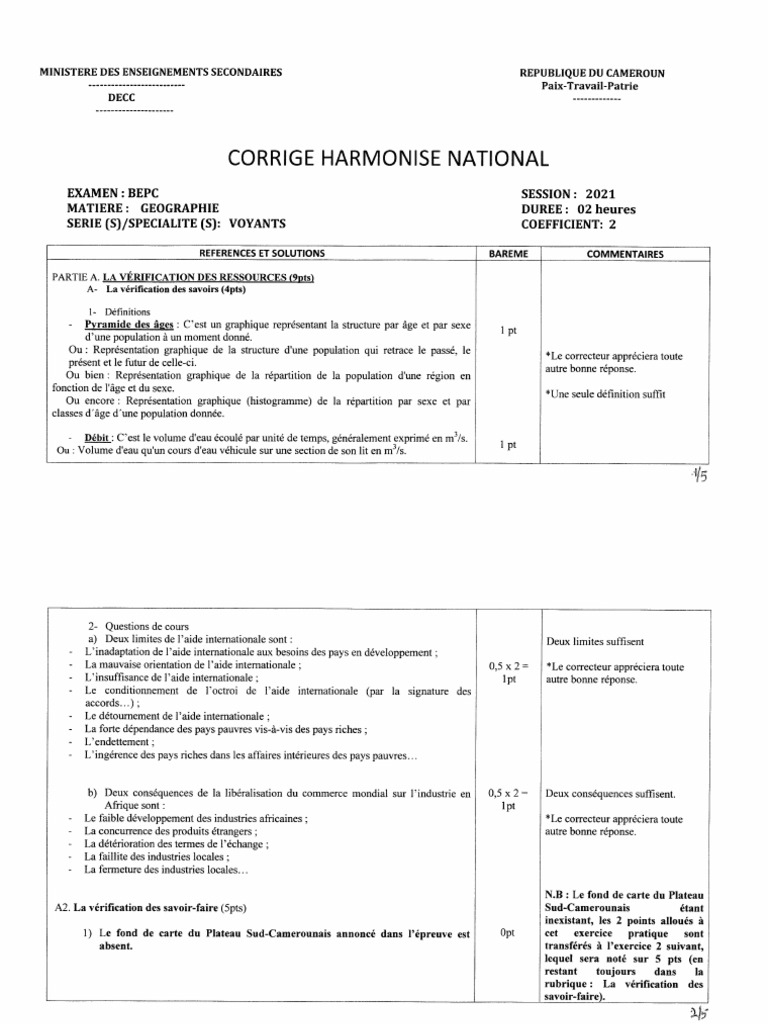 Bepc 2021 Corrigé Harmonisé National de Géographie Cameroun | PDF Bepc 2021 Corrigé Harmonisé National de Géographie Cameroun | PDF