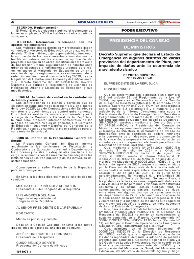 DS 146-2021-PCM - Piura | PDF | Ministerio (Departamento de Gobierno) | Estado de emergencia