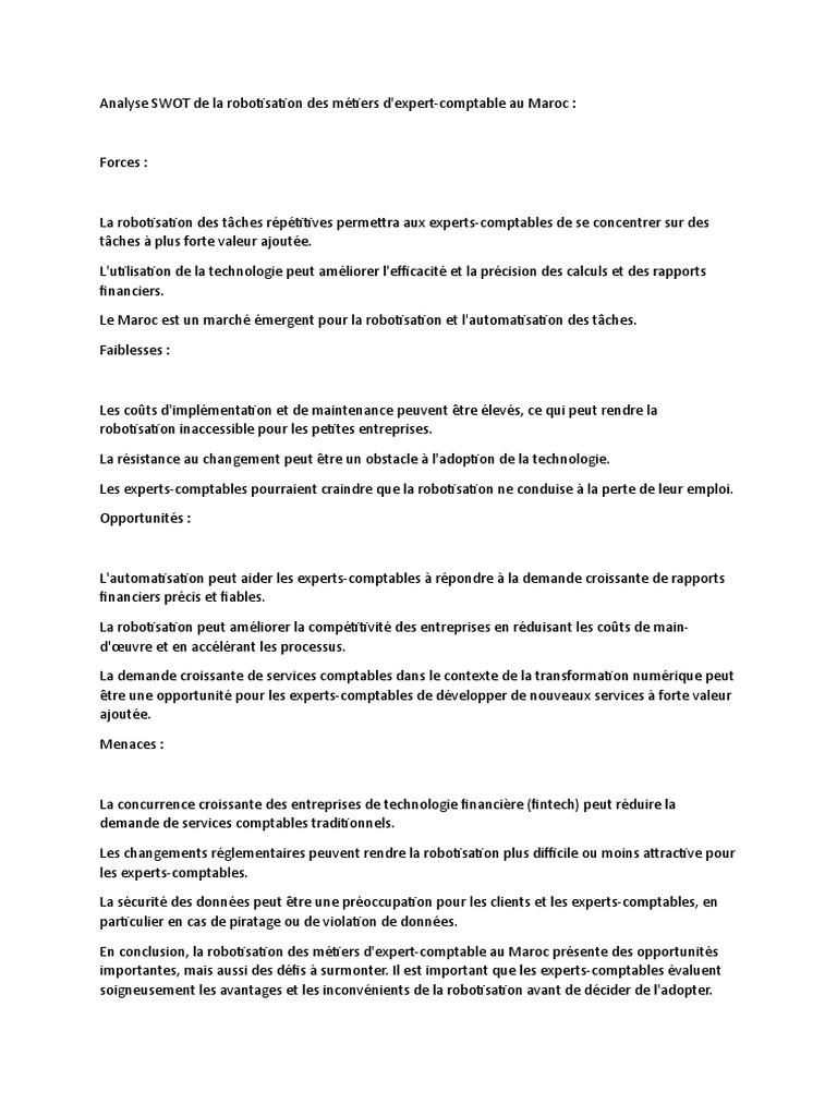 Analyse SWOT de La Robotisation Des Métiers D | PDF