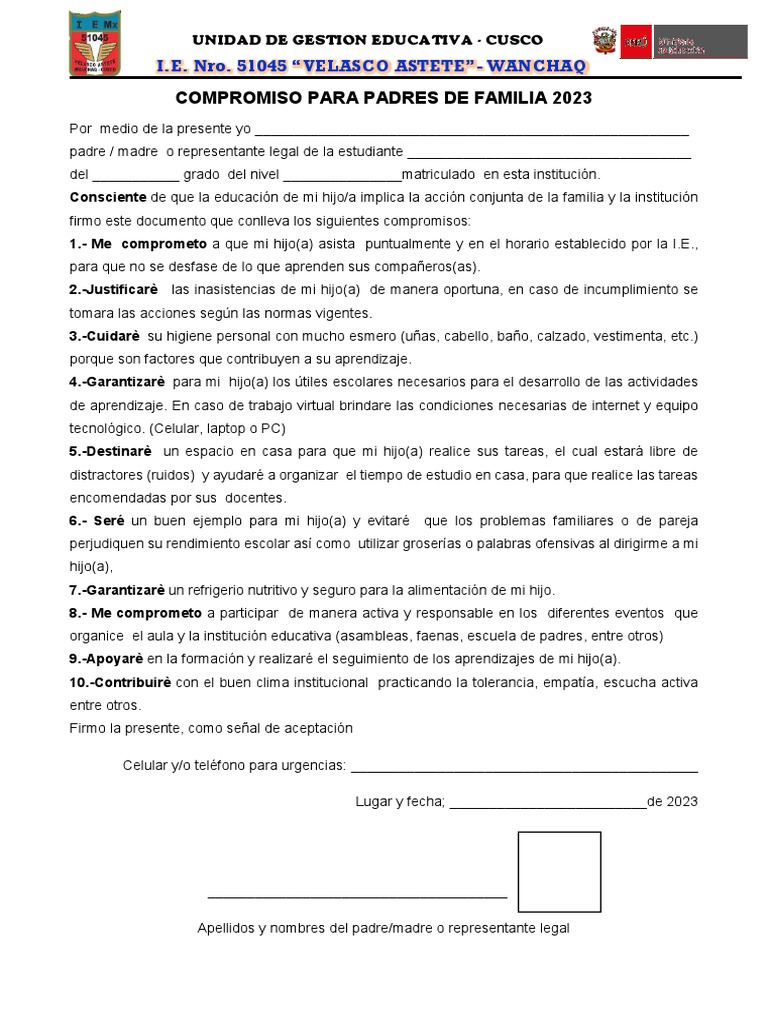 COMPROMISO PARA PADRES DE FAMILIA 2023 | PDF