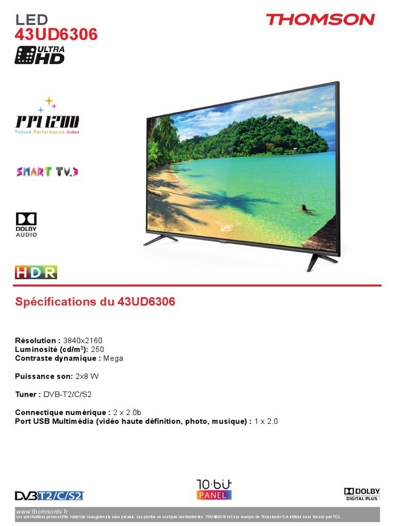Spécifications du Thomson 43UD6306 | PDF | Télévision à ultra-haute ...