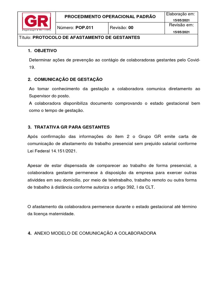 Pop.011 - Protocolo de Afastamento de Gestantes | PDF
